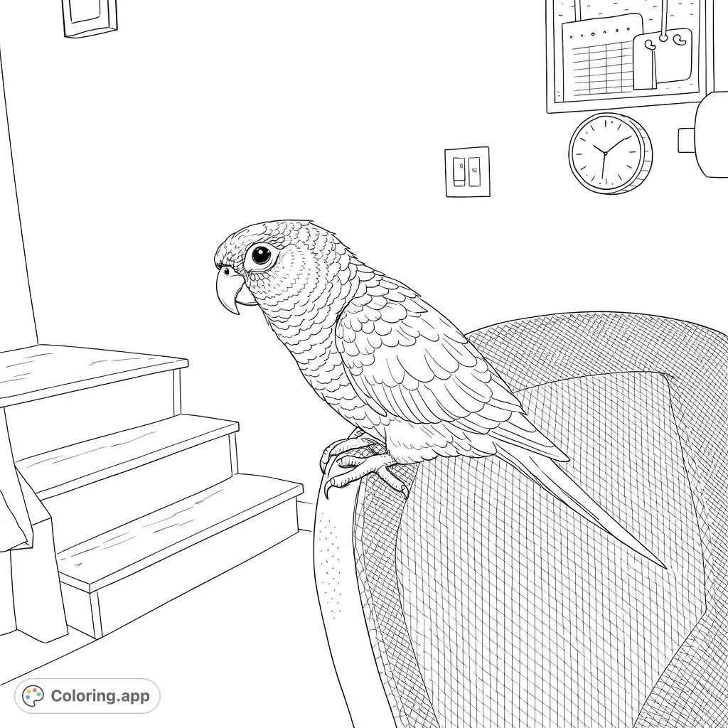 Curious Parrot on Chair - Coloring.app