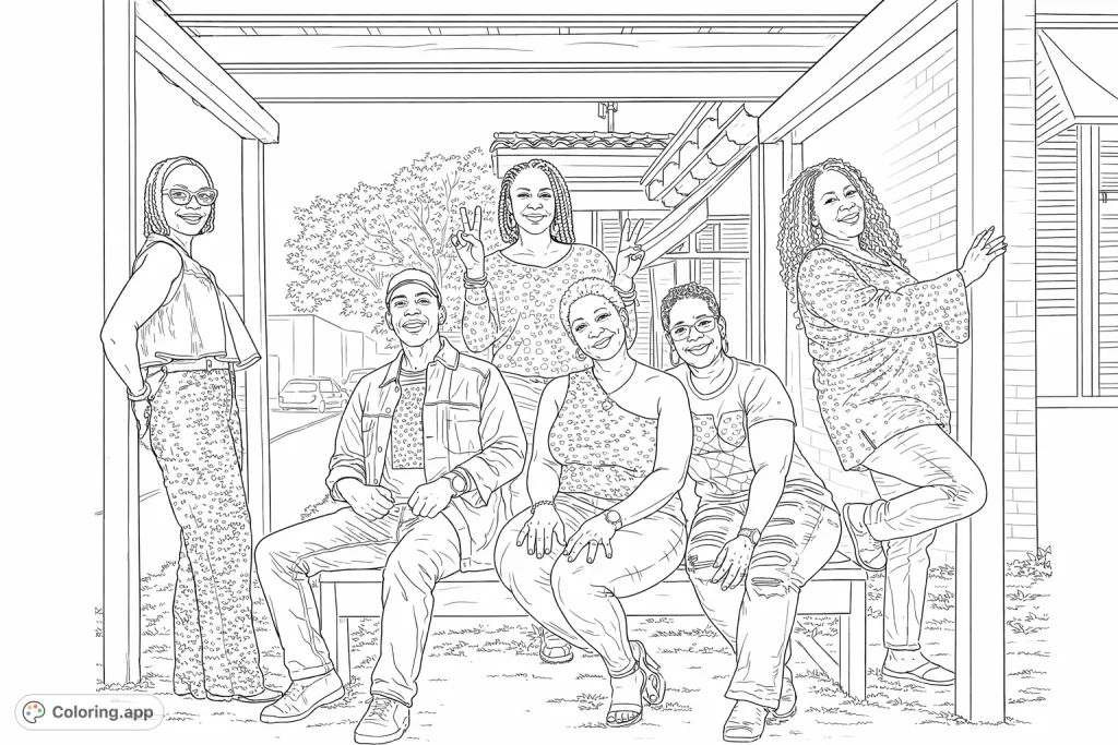 Joyful Group Under Pergola - Coloring.app