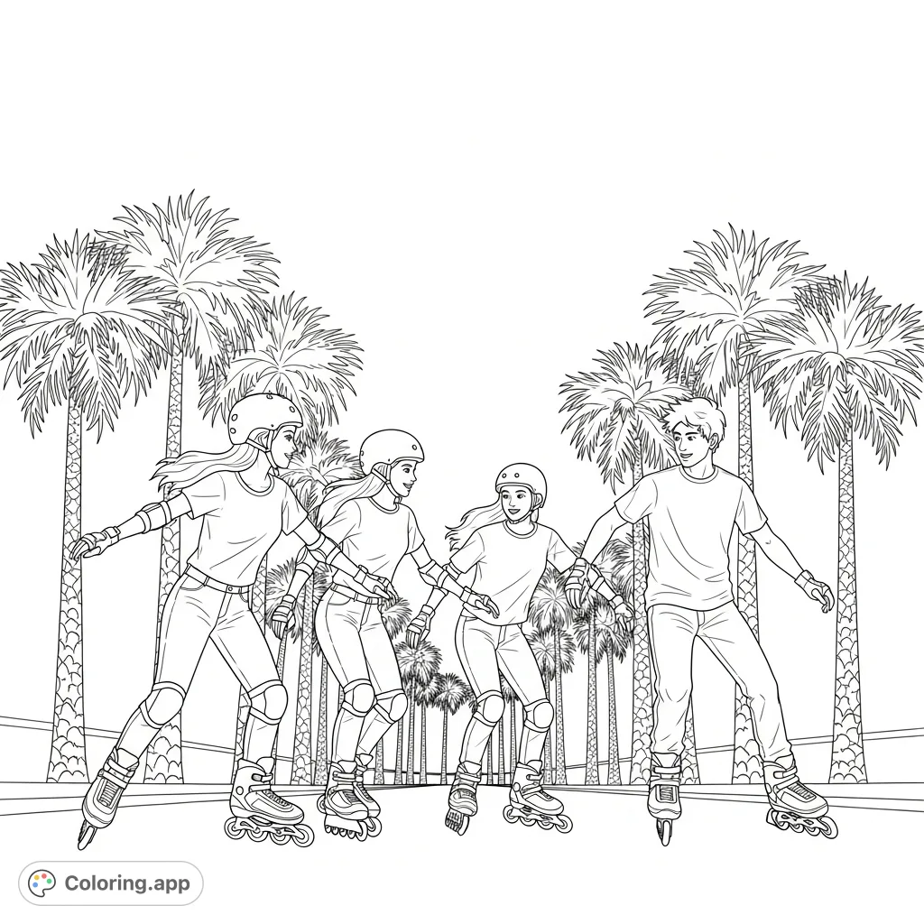 Young Adults Rollerblading Under Palms - Coloring.app