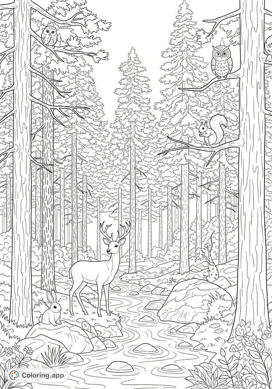 Peaceful Pine Forest Animals - Coloring.app