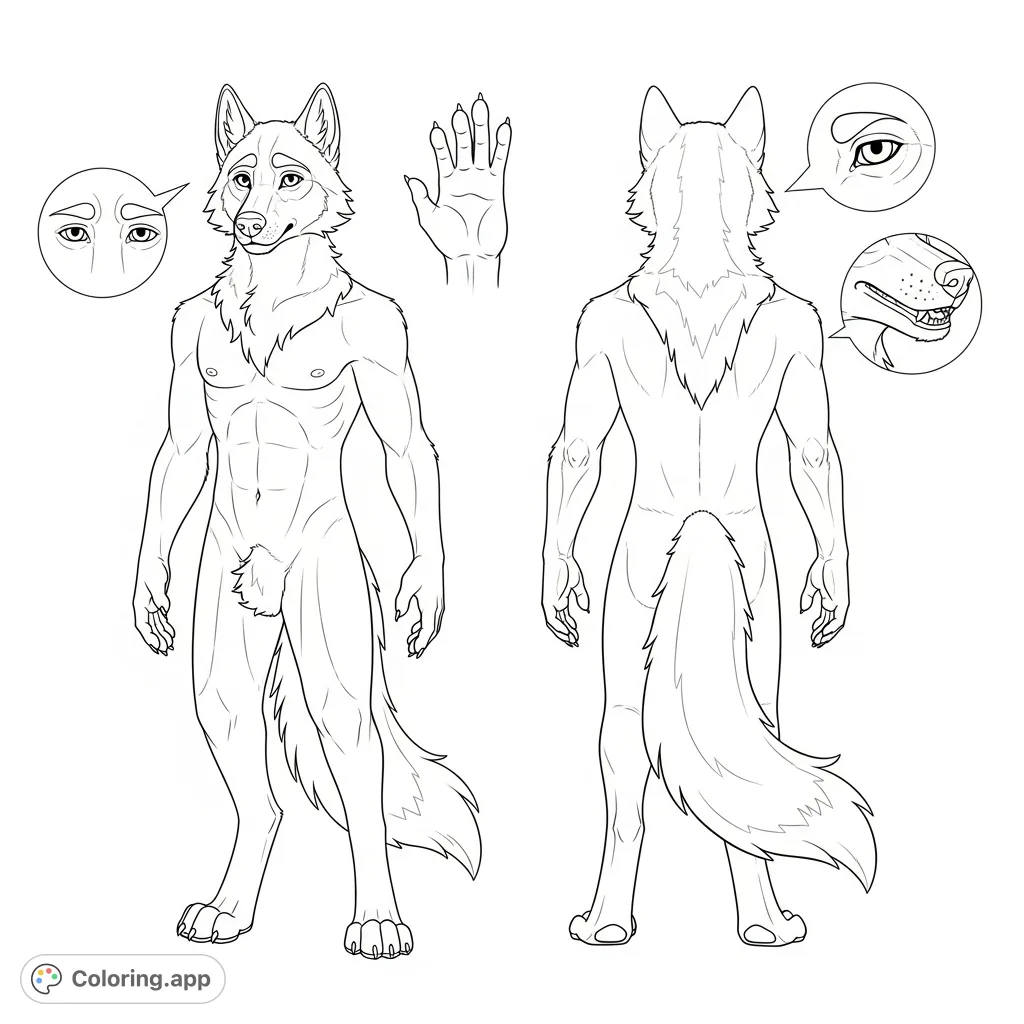 Anthro Wolf Character Reference - Coloring.app