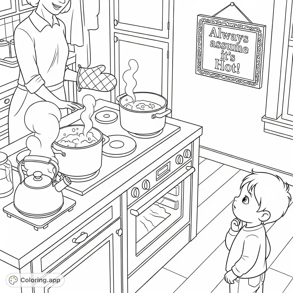 Kitchen Safety Awareness Scene - Coloring.app