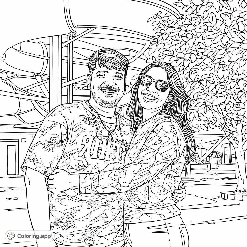 Smiling Couple at Water Park - Coloring.app