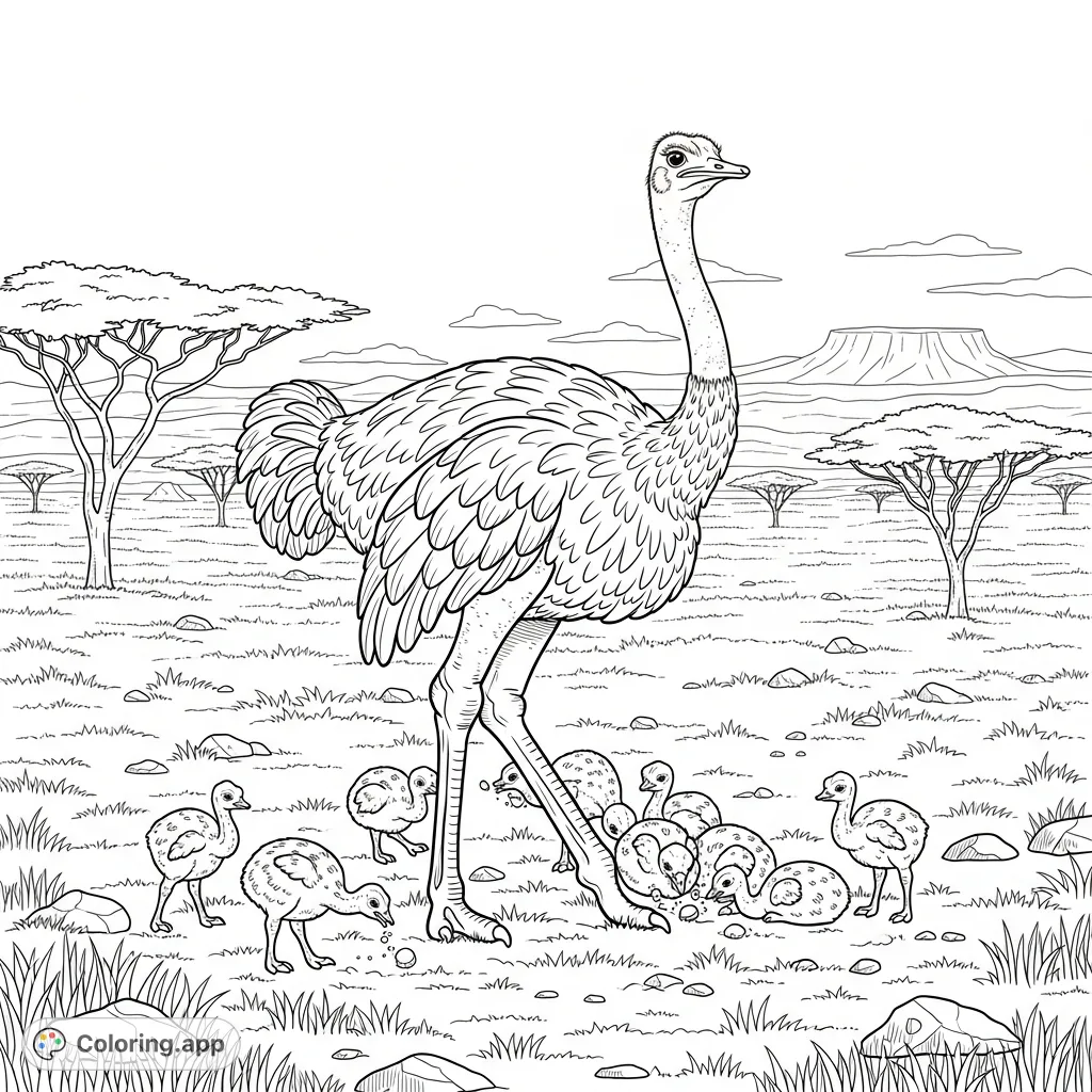 Ostrich Family in Savanna - Coloring.app