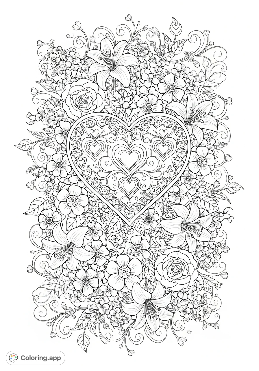 Intricate Floral Heart Pattern - Coloring.app