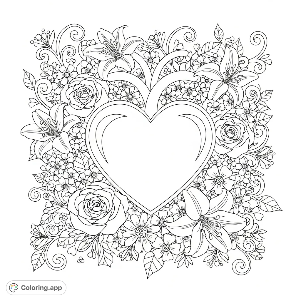 Intricate Floral Valentine Heart - Coloring.app