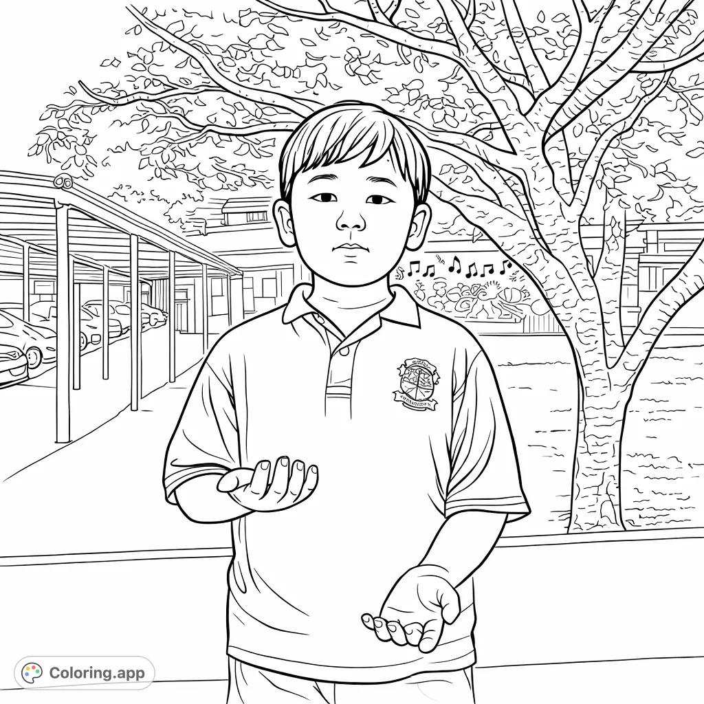 Young Boy in Schoolyard - Coloring.app