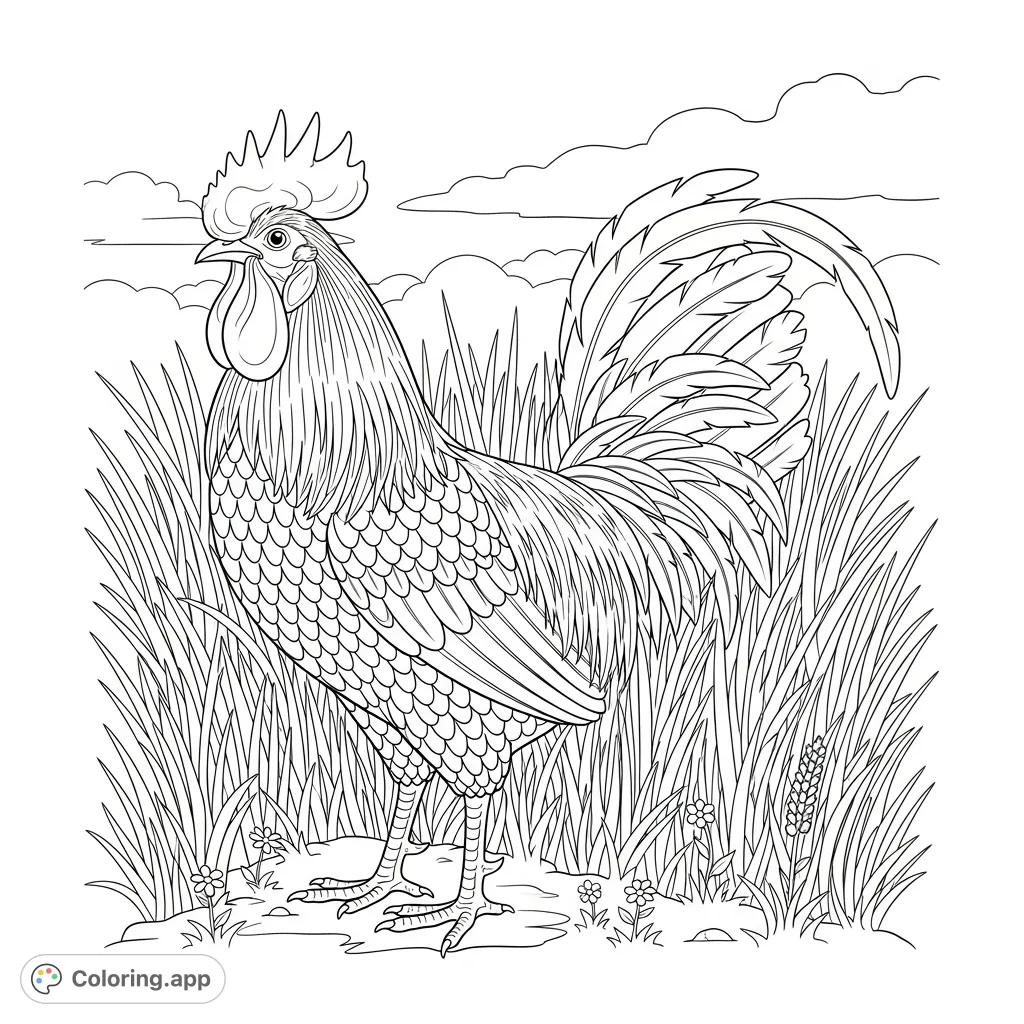 Proud Rooster in Grassy Field - Coloring.app