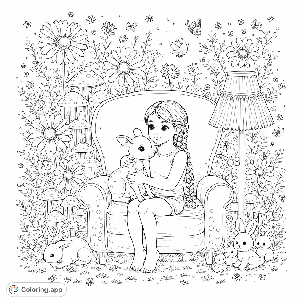Girl and Fawn in Enchanted Garden - Coloring.app