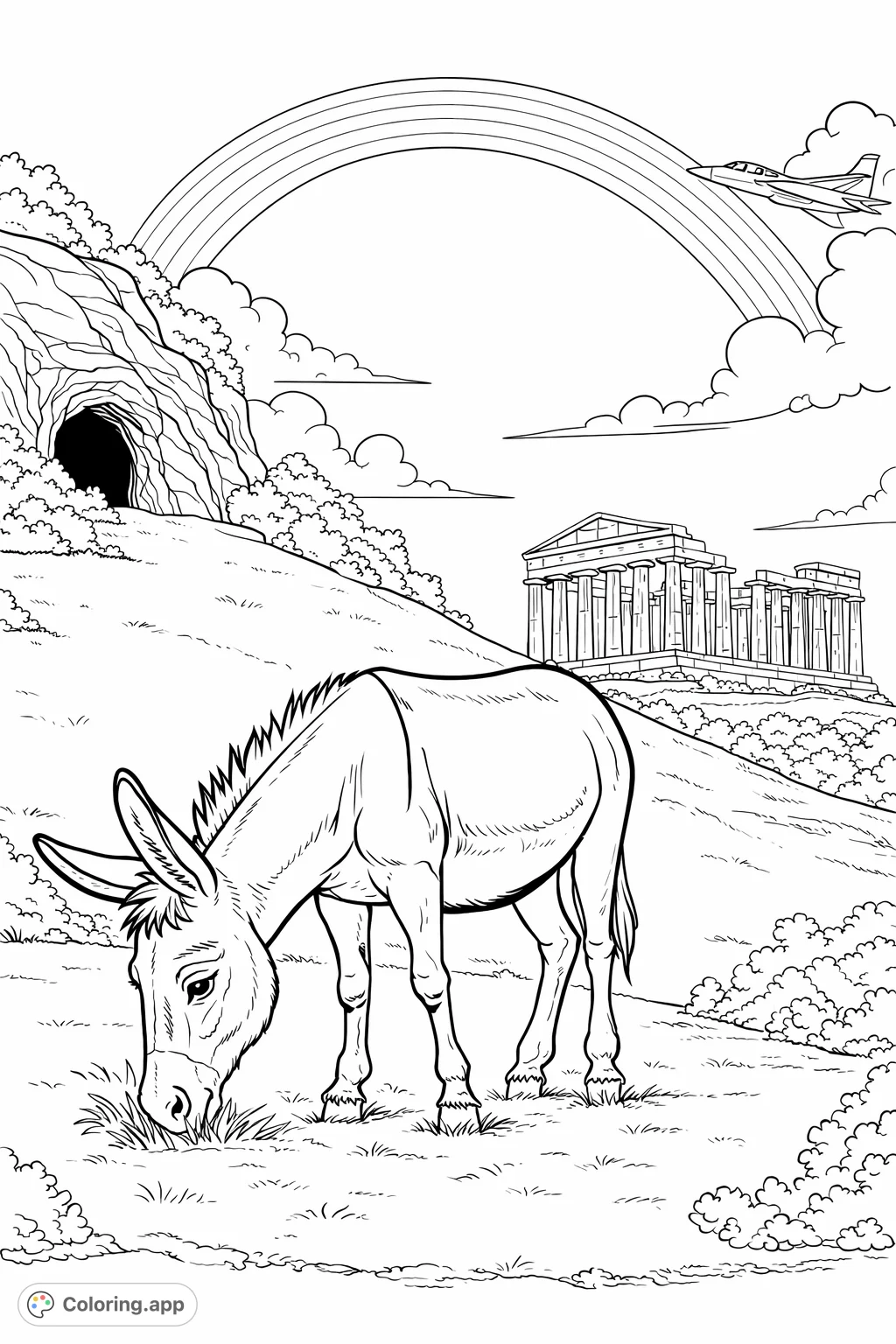 Donkey at Ancient Ruins - Coloring.app