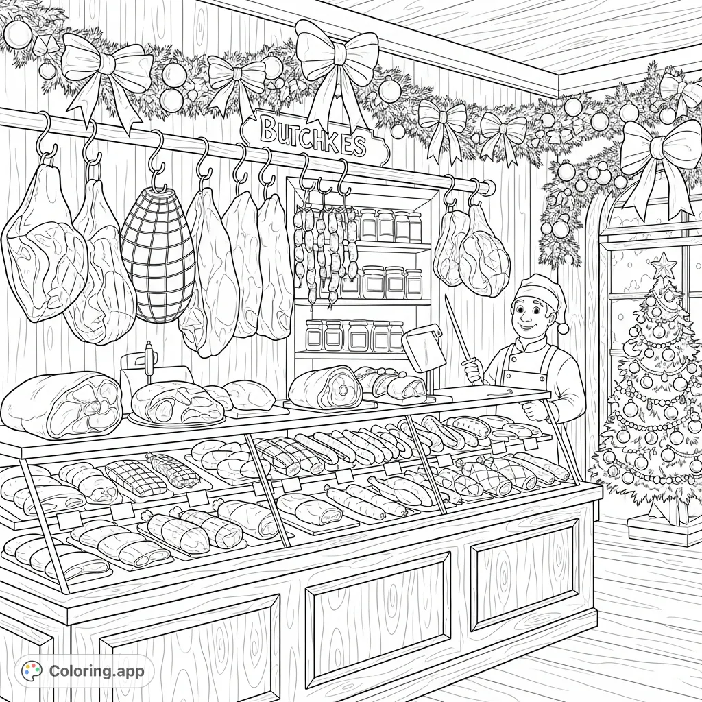Festive Butcher Shop Christmas Scene - Coloring.app