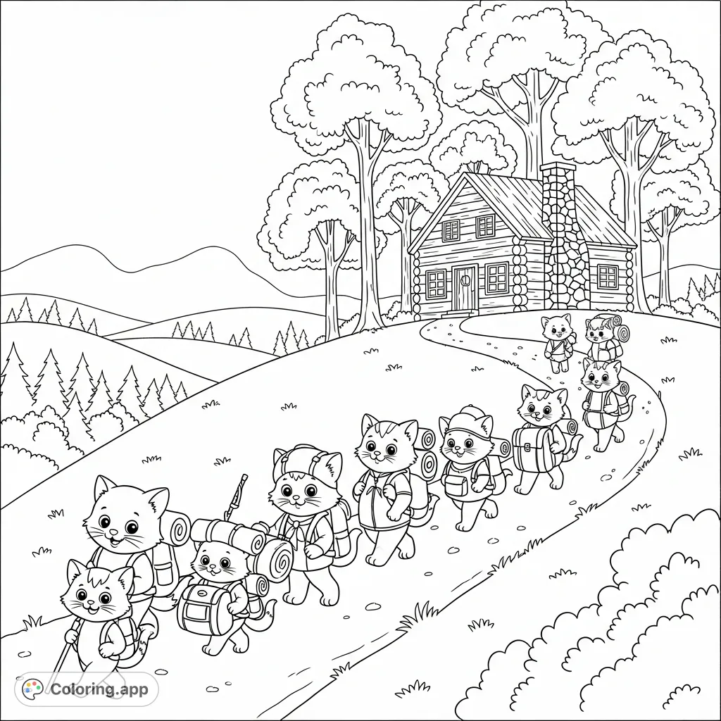 Kitten Hikers to Log Cabin - Coloring.app
