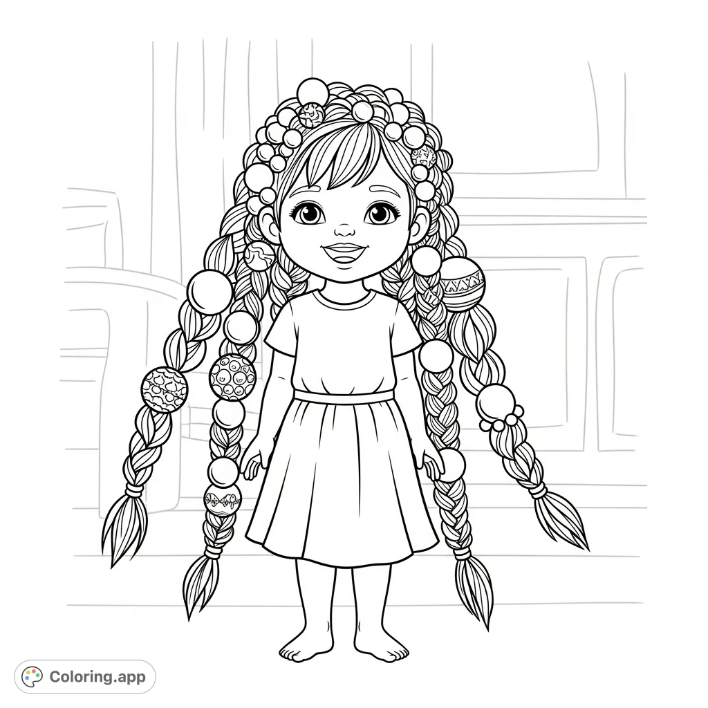 Cheerful Girl with Braids - Coloring.app