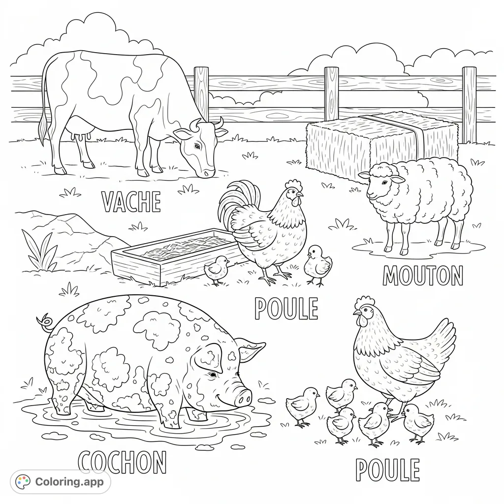 Farm Animals with French Labels - Coloring.app