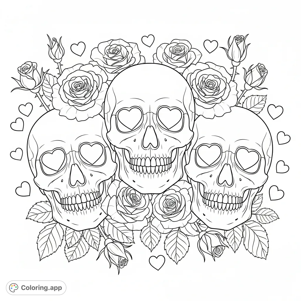 Heart-Eyed Skulls and Blooming Roses - Coloring.app