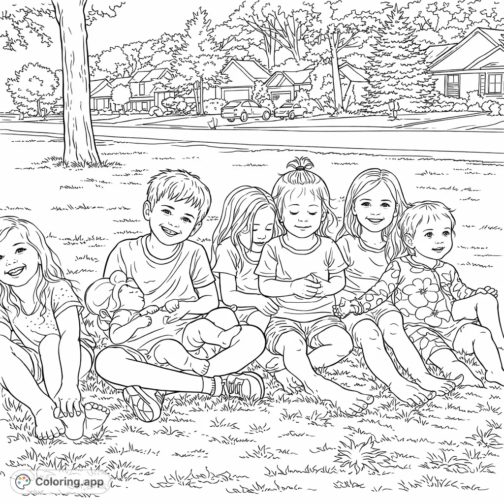 Joyful Children and Baby Outdoors - Coloring.app