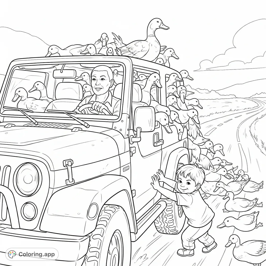 Jeep Full of Ducks Chase - Coloring.app
