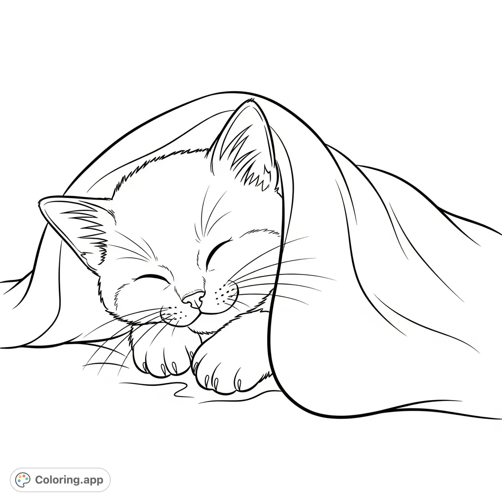 Sleeping Kitten in Blanket - Coloring.app