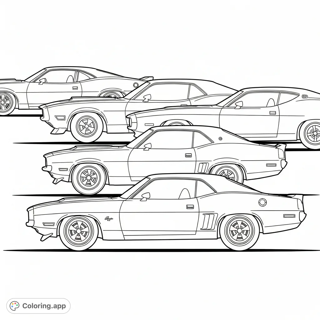 Classic Muscle Car Line-Up - Coloring.app