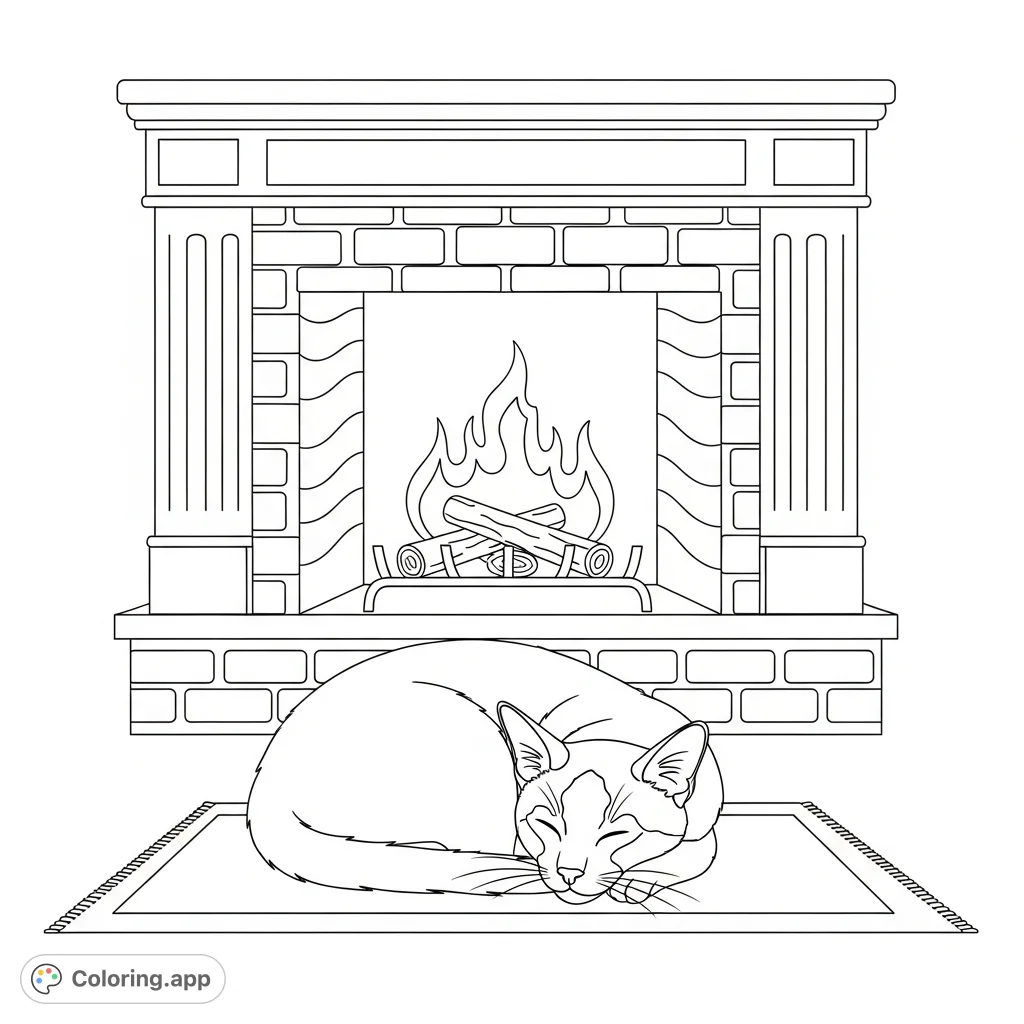 Sleeping Siamese by the Fireplace - Coloring.app