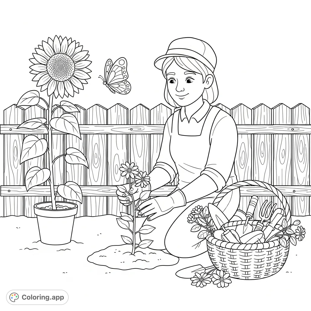 Cheerful Gardener's Tranquil Garden - Coloring.app