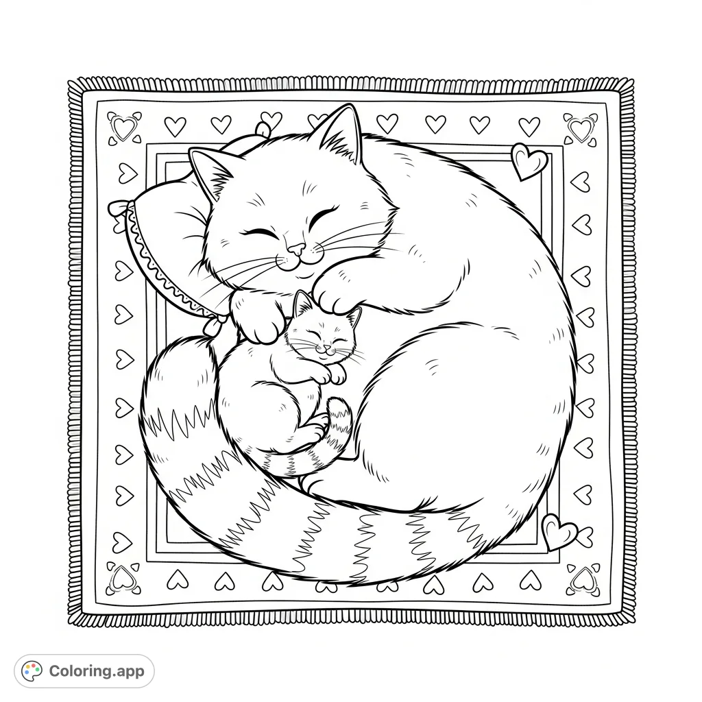 Fluffy Mother Cat and Kitten - Coloring.app