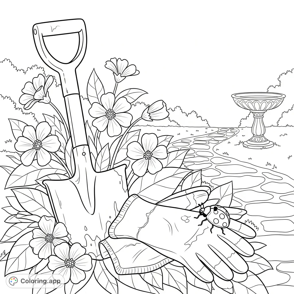 Garden Tools Amidst Blossoms - Coloring.app