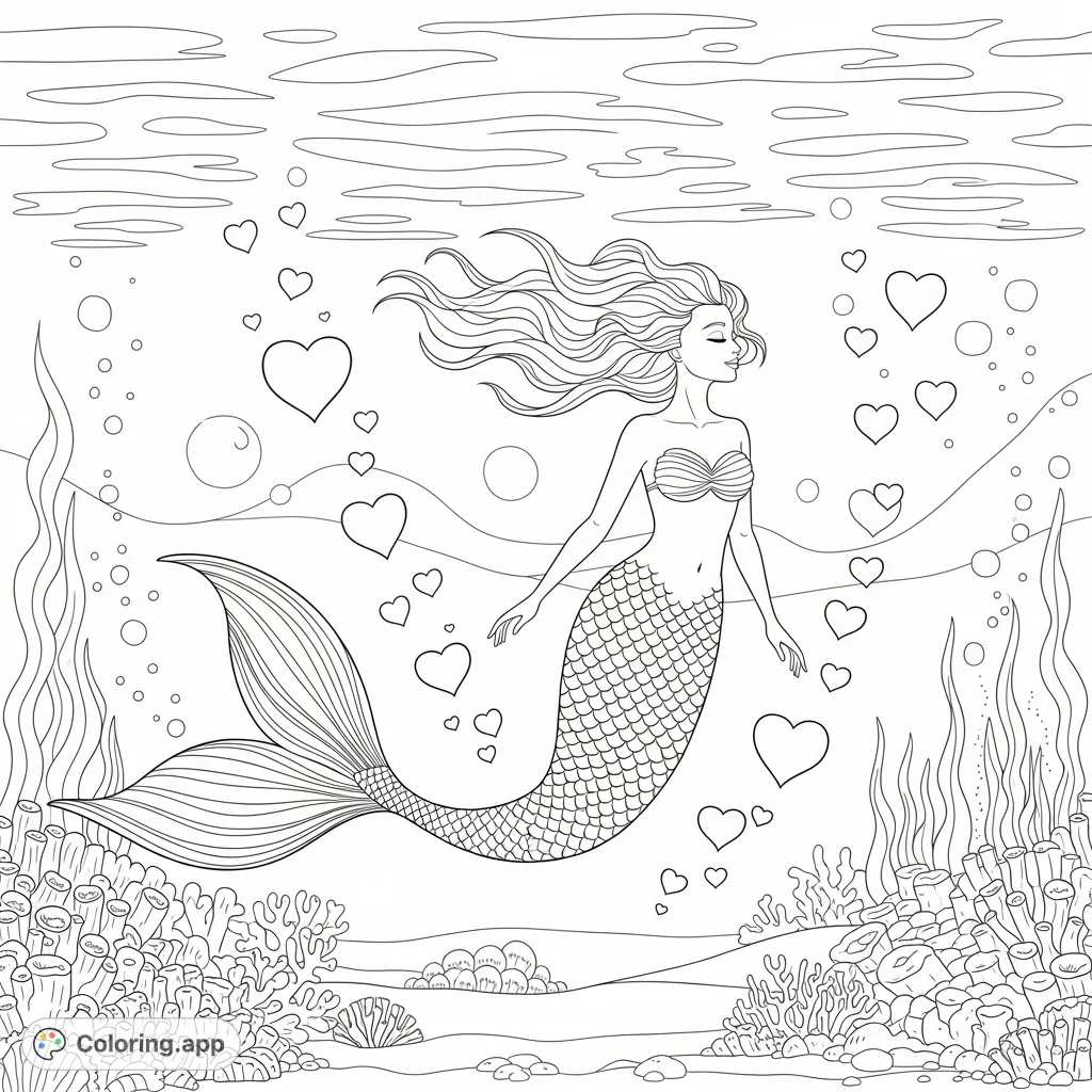 Graceful Mermaid with Hearts - Coloring.app