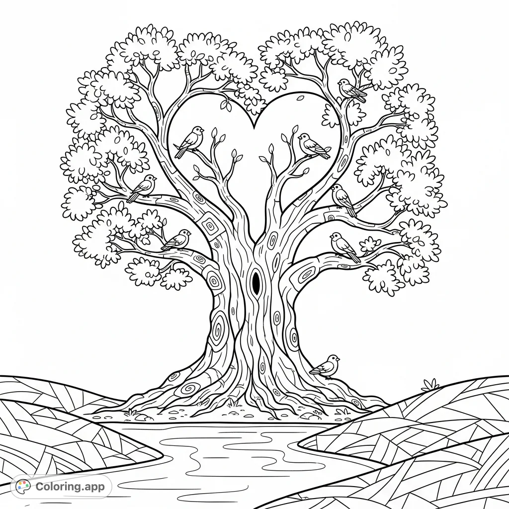 Majestic Heart Tree River - Coloring.app