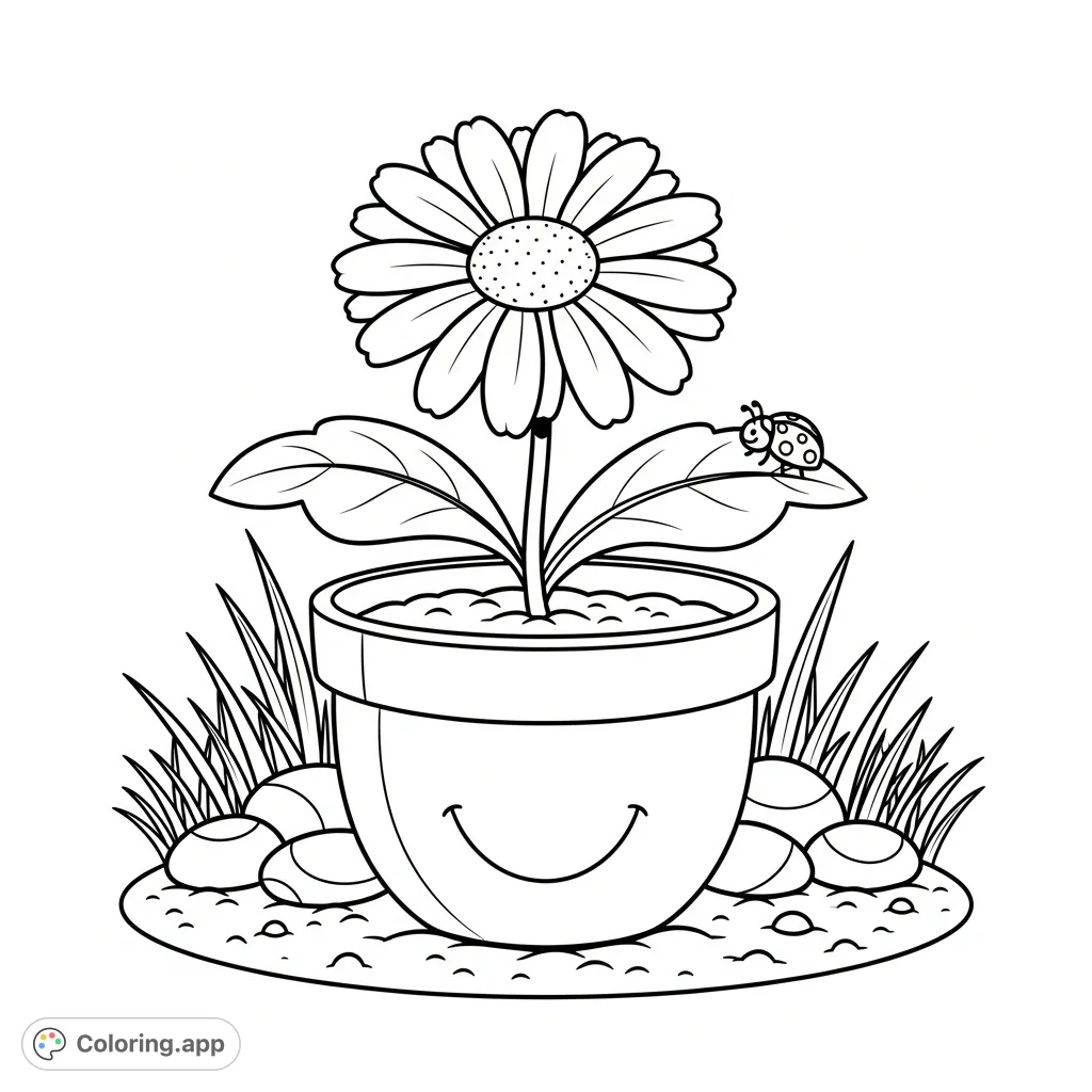 Smiling Pot with Daisy - Coloring.app