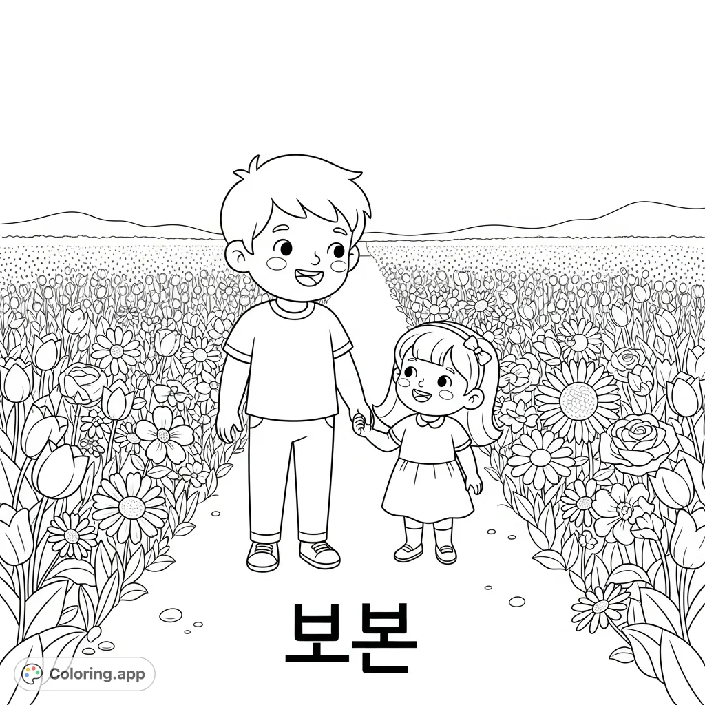 Siblings in Flower Field - Coloring.app