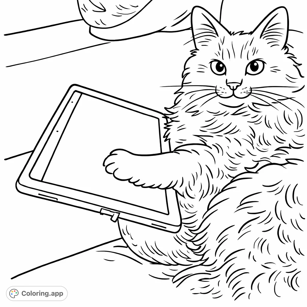 Curious Cat with Tablet - Coloring.app