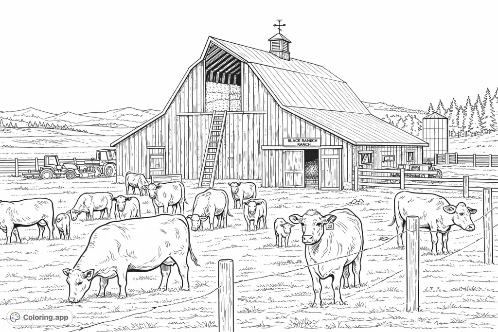 Rustic Ranch Cattle Scene - Coloring.app