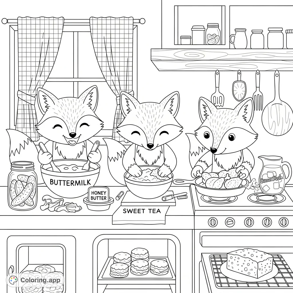 Farmhouse Foxes Cooking - Coloring.app