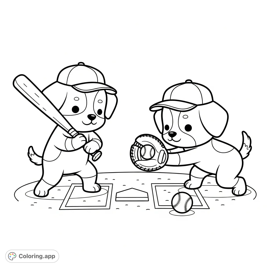 Kawaii Dogs Play Baseball - Coloring.app