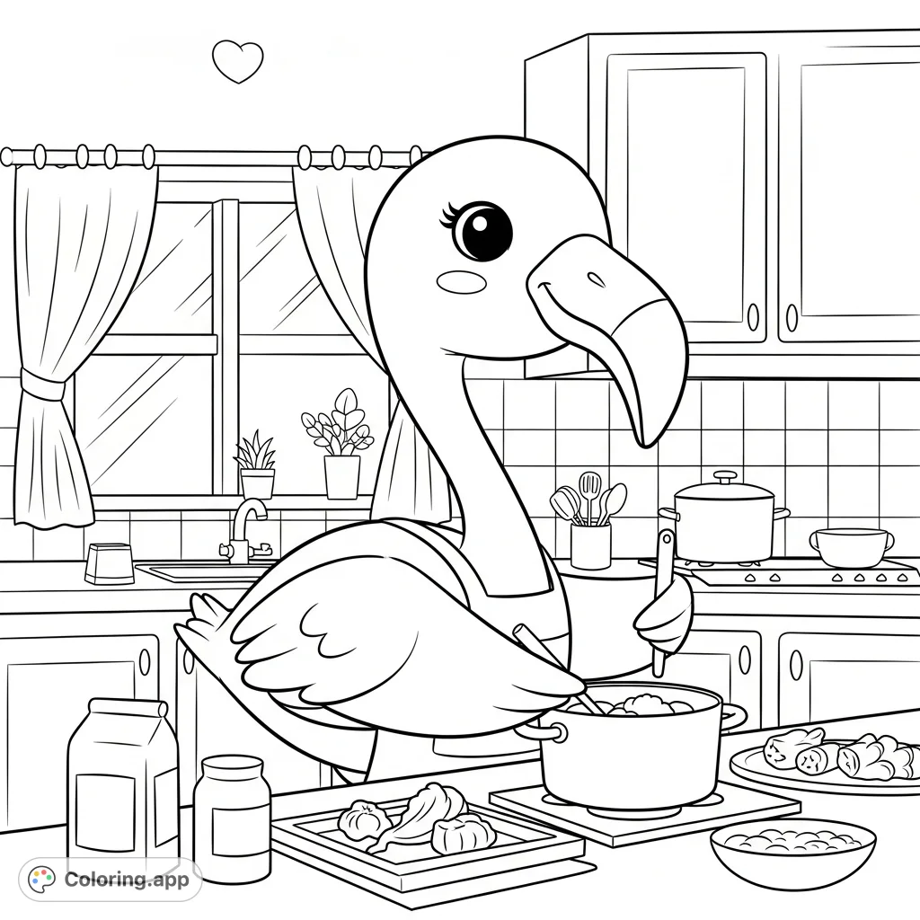 Kawaii Flamingo Kitchen Cook - Coloring.app