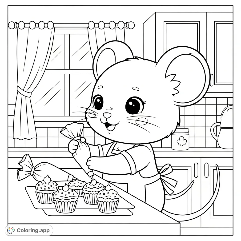 Kawaii Mouse Bakes Cupcakes - Coloring.app