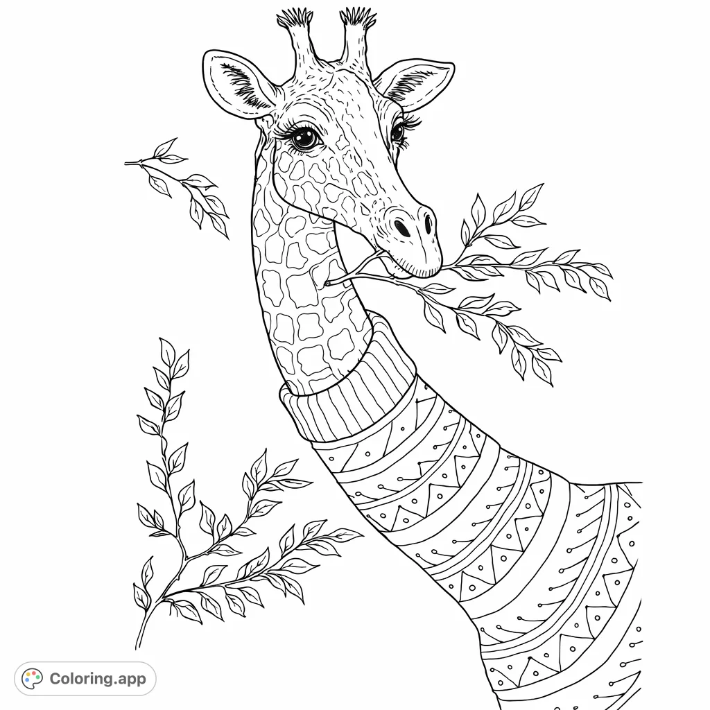 Stylish Giraffe Eating Leaves - Coloring.app