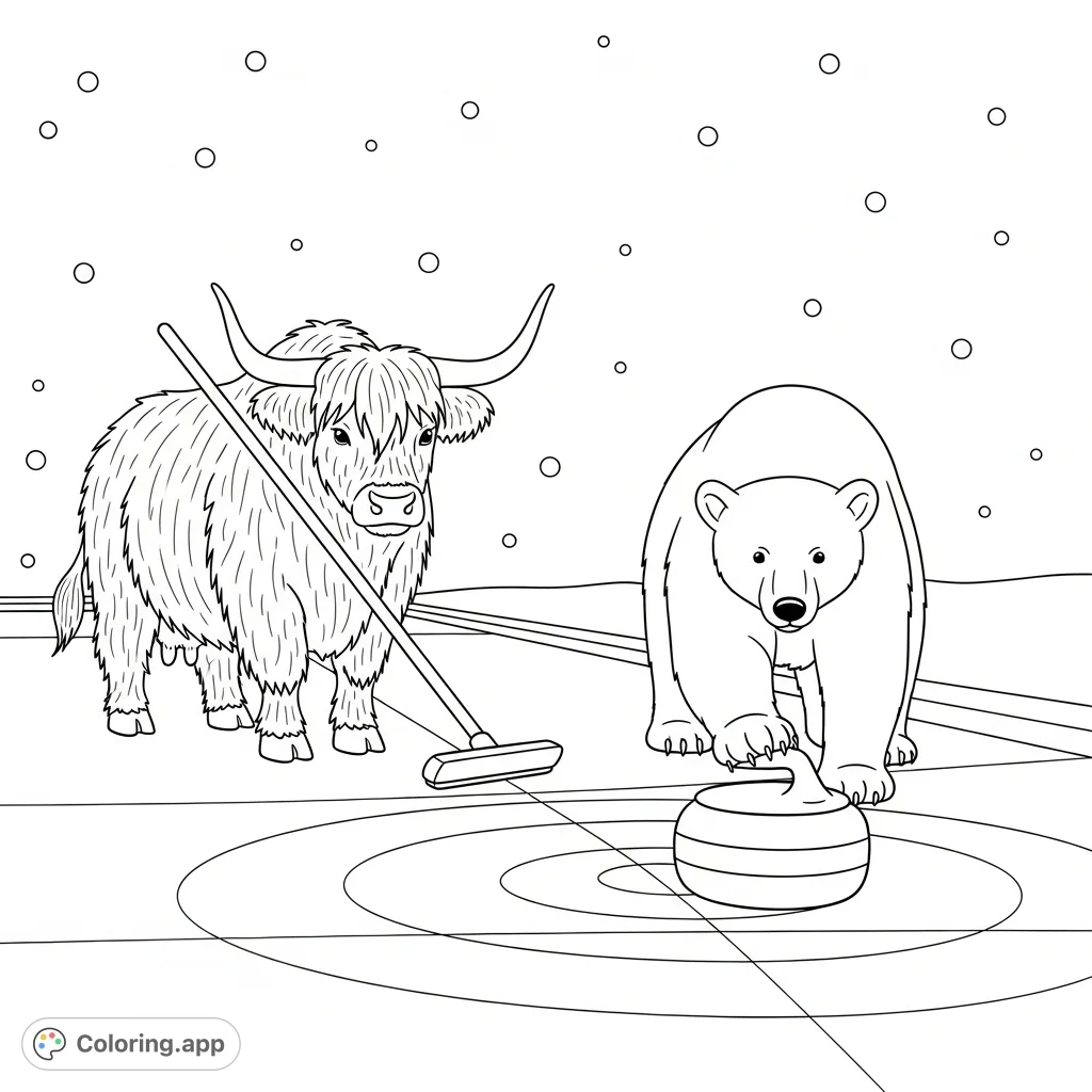 Highland Cow Polar Bear Curling - Coloring.app