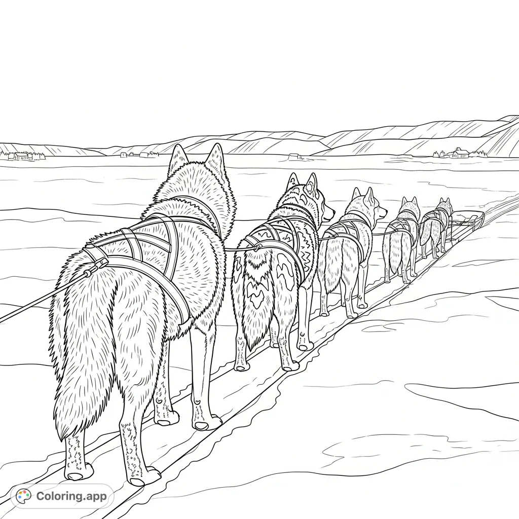 Sled Dogs in Snowy Landscape - Coloring.app