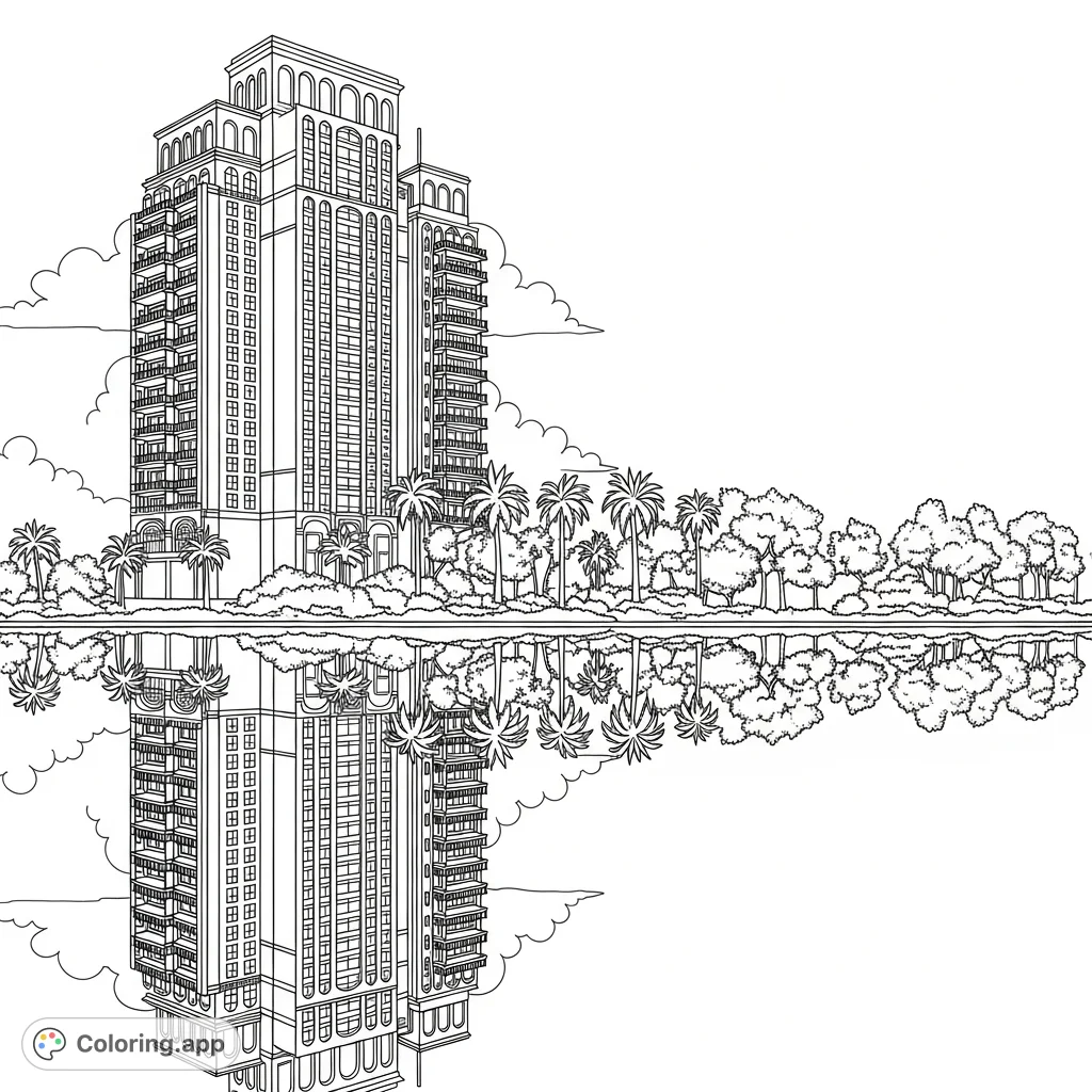 Towering Building Water Reflection - Coloring.app