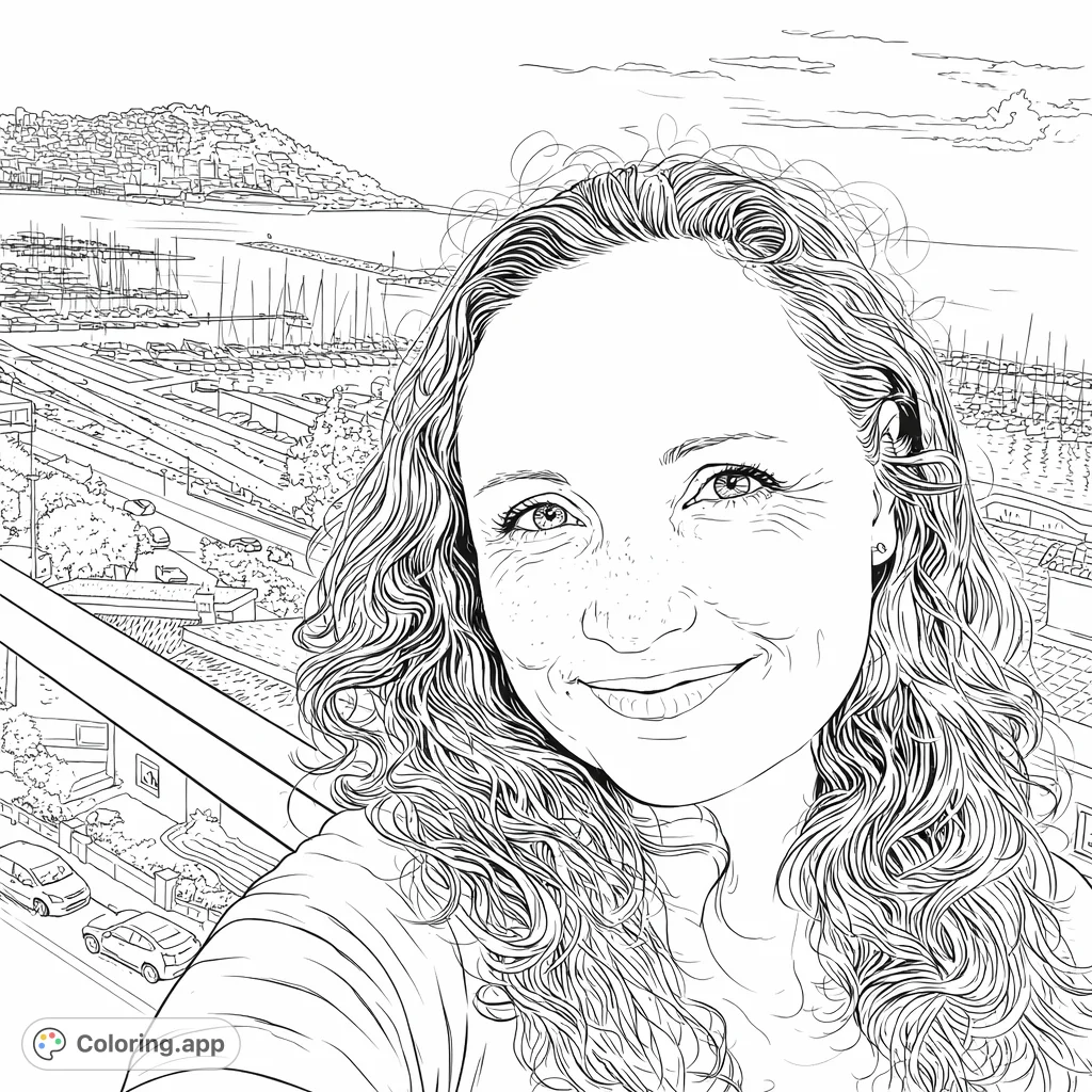 Marina View with Smiling Portrait - Coloring.app
