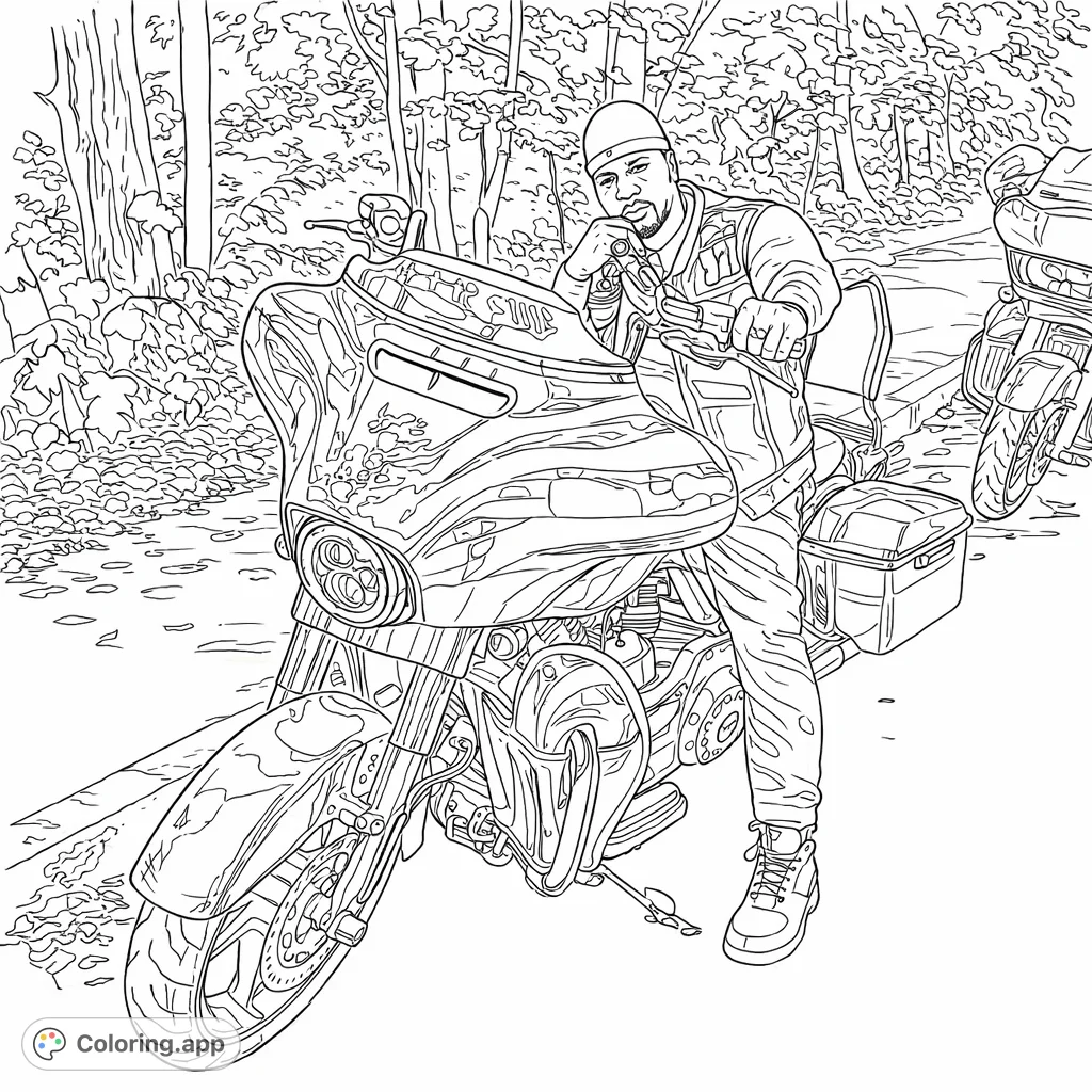 Motorcycle Rider in Autumn Woods - Coloring.app