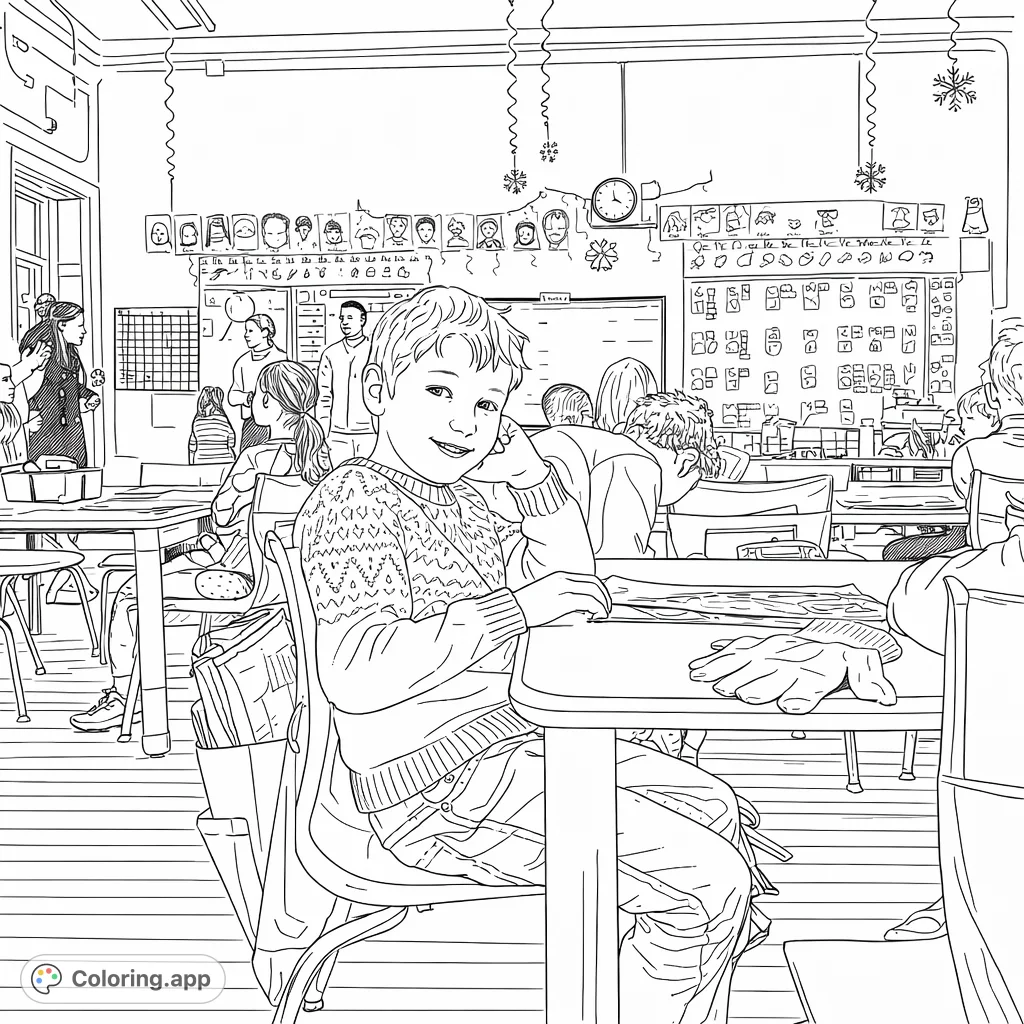 Young Student in Classroom - Coloring.app