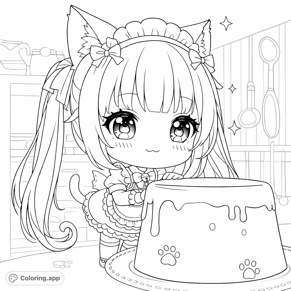 Chibi Maid Pudding Delight - Coloring.app