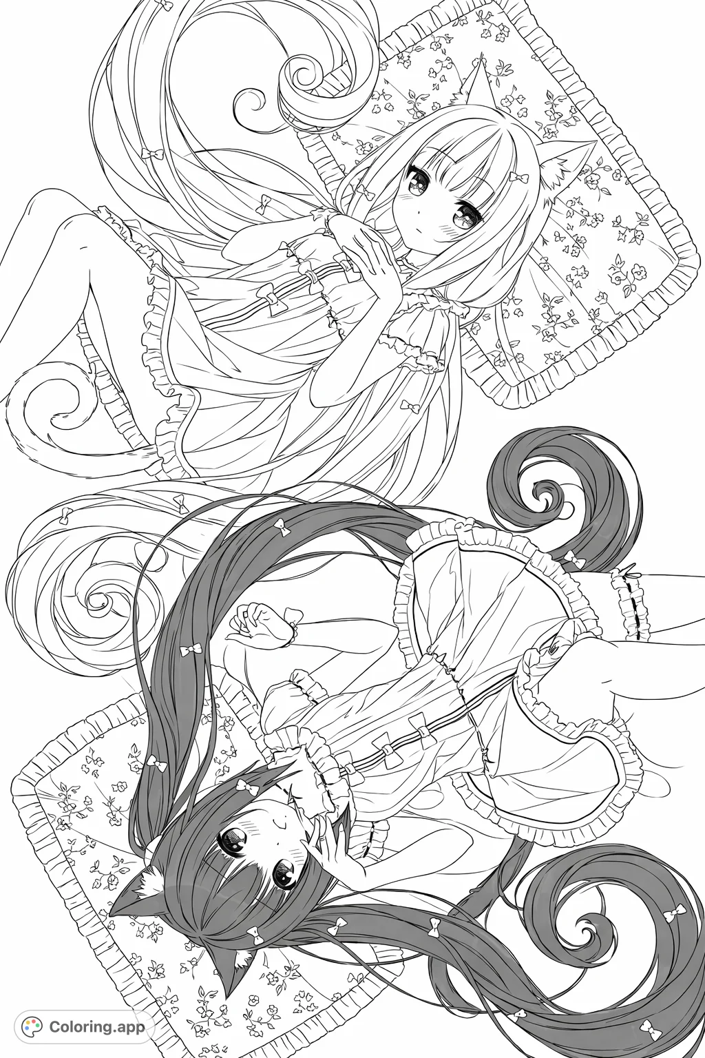 Sweet Neko Sisters Lounging - Coloring.app