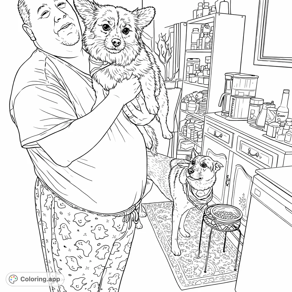 Man and Dogs in Home Scene - Coloring.app