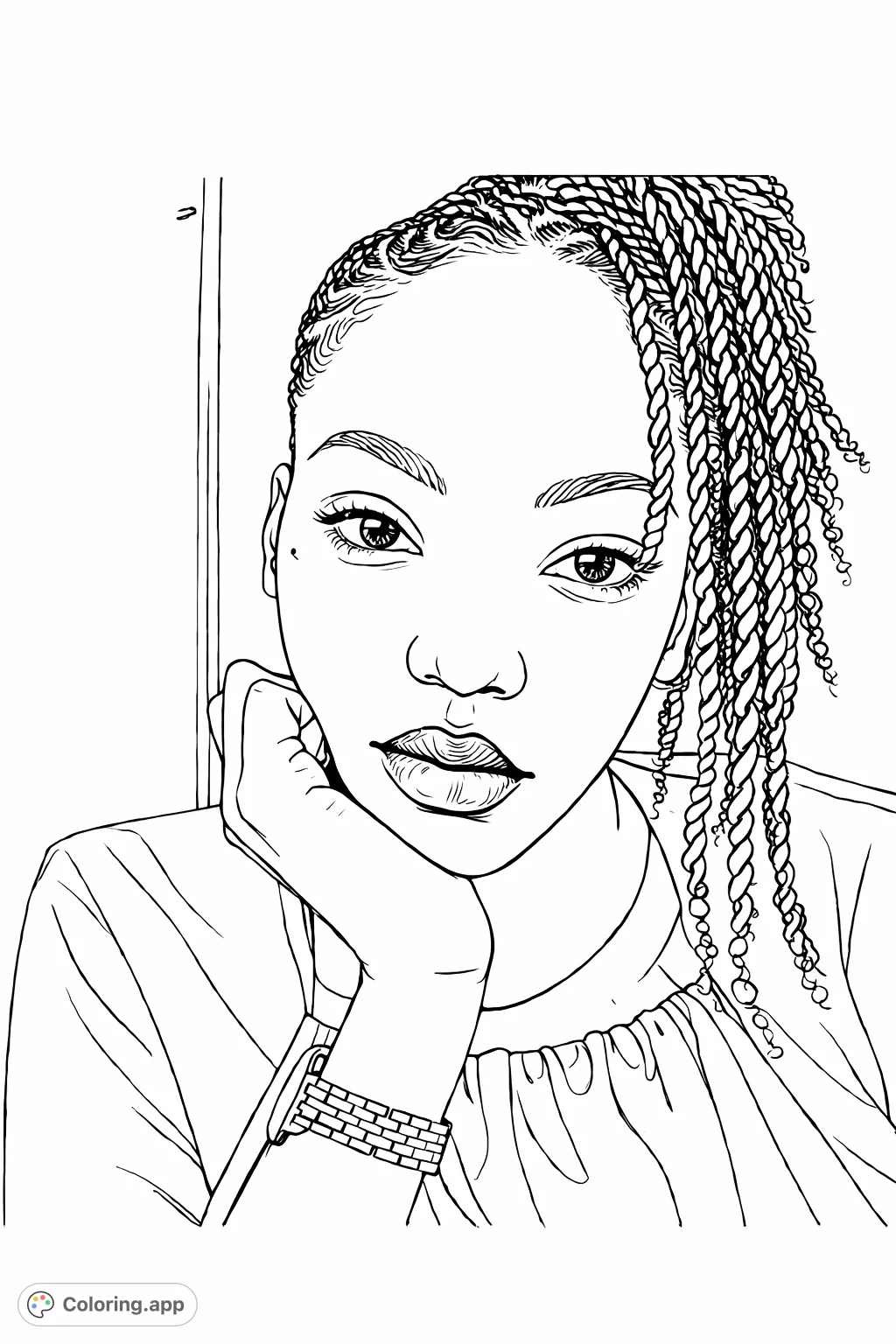 Thoughtful Portrait with Braids - Coloring.app