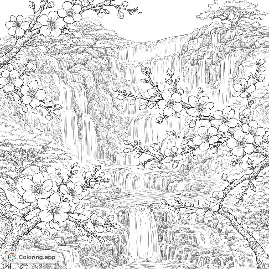 Blossoms and Cascading Waterfalls - Coloring.app