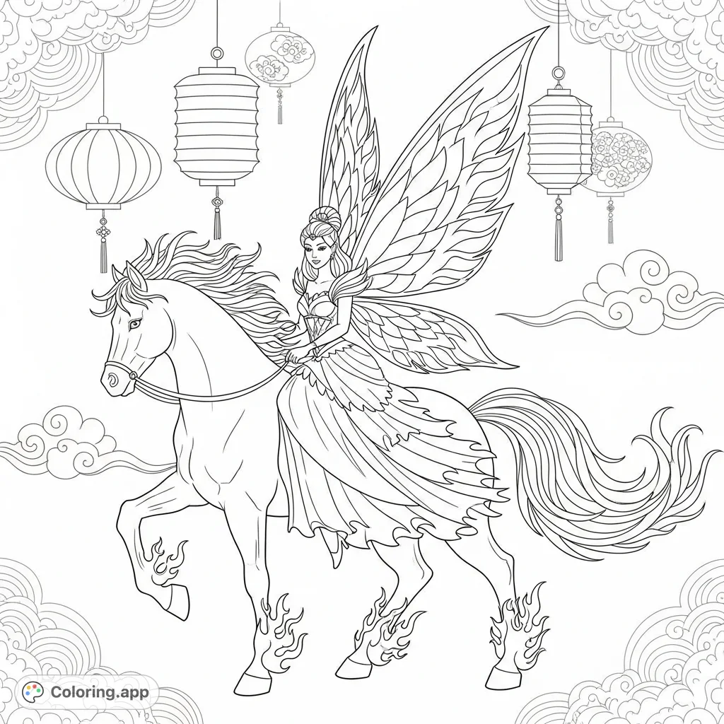 Lunar New Year Fairy and Fire Horse - Coloring.app